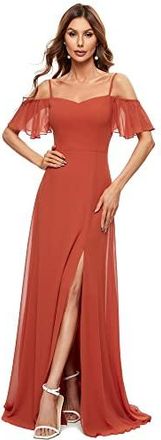 Ever-pretty Robe de Soirée Femme Longue Fendue Épaules Dénudées A Line à Bretelles à Volants Mousseline de Soie Chic Orange Brûlée 44