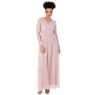 Maya Womens Maxi Dress Ladies Embellished Wrap Tulle Frilly V-Neck Long Sleeve for Wedding Guest Bridesmaid Prom Ball Gown Robe, Frosted Pink, 44 Femme