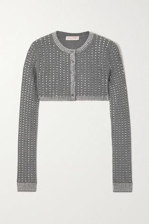 Valentino Garavani Verk&uuml;rzter Cardigan Aus Gerippter Wolle Mit Kristallen - Grau