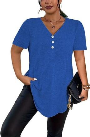 Generic T-shirt boutonné à col en V pour femme, grande taille, décontracté, solide, dété, t-shirt basique pour femmes, chemises Henley pour femmes, bleu, 4XL