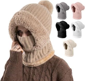Generic Bonnet Femme, Bonnet dhiver Chaud en Maille avec Cache-Cou, Nouveaut&eacute; 2025, Bonnet Tricot&eacute; avec Pompon,Bonnet avec &eacute;Charpe Et Masque, Cache-Cou avec C