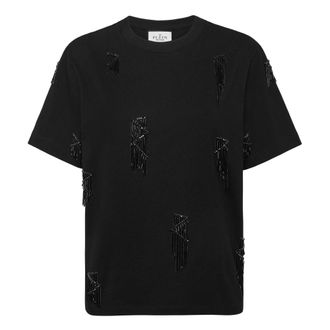 Philipp Plein Femme, Tops, Noir, Taille: 42 FR Jersey T-Shirt Col Rond SS Franges