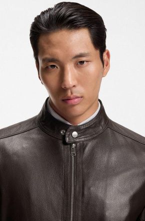BOSS Lederjacke H Mansell Stehkragen, genarbtes Leder, Regular Fit