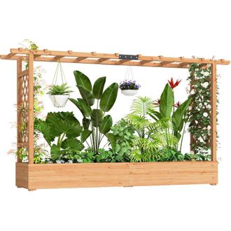 OUTSUNNY Jardini&egrave;re sur&eacute;lev&eacute;e - Outsunny - avec treillis lat&eacute;ral et sup&eacute;rieur, trous de drainage - pour plantes grimpantes - bois naturel