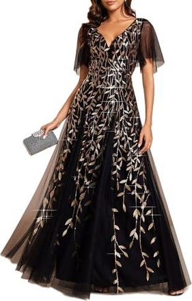 Ever-pretty Robes de Soirée Femmes Longues Manches Volants Tulle Paillettes de Feuilles Col V Chic Or Noir 38