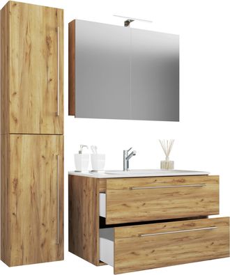 VCM 4-TLG. Waschplatz Waschtisch | Waschbecken Unterschrank Breite 80 cm | Badm&ouml;bel Set mit Schubladen Dreht&uuml;ren Spiegelschrank | Badinos