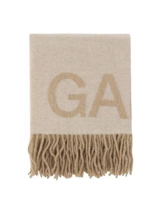 Ganni Wool Blend with Embroidered Logo Scarf - Beige