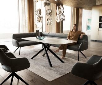 DELIFE Esszimmerbank Taya-Flex 285x190 cm Mikrofaser Anthrazit Vintage Kreuzgestell kantig Schwarz Taschenfederkern Rechts, Eckb&auml;nke