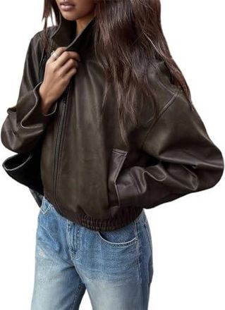 ORANDESIGNE Femme Veste Cuir Automne Blouson Veste Simili Cuir de Moto Fermeture Éclair Oversize Manteau Streetwear C Marron XL