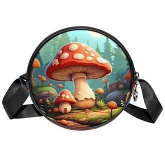 Generic Petit sac &agrave; bandouli&egrave;re rond pour femme, motif champignon de for&ecirc;t avec fermeture &eacute;clair, bretelles r&eacute;glables, sac &agrave; main rond d&eacute;contract&eacute; pour femmes