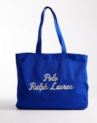 Polo Ralph Lauren Grand cabas en toile &agrave; inscription logo - Bleu &eacute;lectrique-Vert