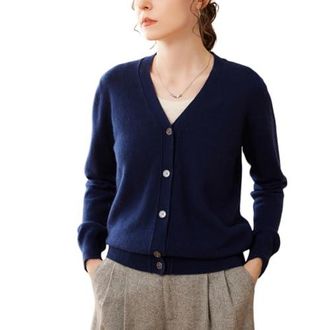 Dissa Valin Cardigan Cachemire 95% Femme Bleu Marine Col V Boutons Tricoté en Vrac Manches Longues Fin Pull en Cachemire et Laine,EU 46,SPR2444