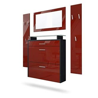 Vladon Penderie Malea, Meuble dentr&eacute;e Comprenant 1 Commode &agrave; Chaussures Murale, 1 Miroir Mural et 2 Panneaux Porte-Manteaux, Noir Mat/Bordeaux Haute Brillanc