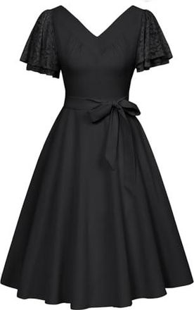 Belle Poque Robe dété à manches courtes en dentelle pour femme - Col en V - Robe trapèze avec ceinture, Noir, S