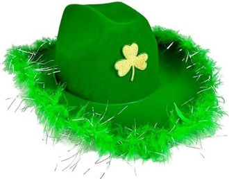 Generic Chapeau de cowboy pour la Saint-Patrick pour femme - Bord en plumes duveteuses - Tr&egrave;fle porte-bonheur - Chapeau de cowgirl occidental - Tr&egrave;fle irlanda