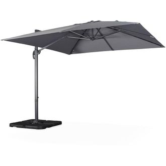 Sweeek Parasol d&eacute;port&eacute; carr&eacute; gris 3x3m structure grise + Lot de 4 dalles &agrave; lester 50x50cm