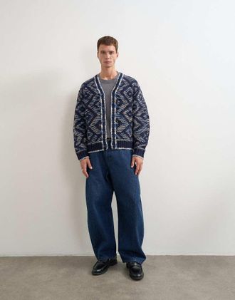 Topman Cardigan mit lockerem Schnitt und Rautenmuster in Marineblau