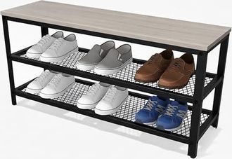 Relaxdays Schuhbank, f&uuml;r 8 Paar Schuhe, HBT 45 x 100 x 30 cm, 2 Gitterablagen, Sitzbank in Holzoptik, Hellbraun/schwarz