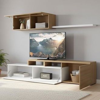 Dmora Wohnzimmerm&ouml;bel Chino, TV-St&auml;nder, Wohnzimmerm&ouml;bel, reversible Wohnzimmerkomposition, Eckwohnzimmerset, 200 x 41 x 44 cm, Eiche und gl&auml;nzendes Wei&szlig;