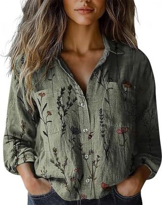 ORANDESIGNE Chemisier Femme Chic et &eacute;l&eacute;gant Chemise Bouton Boho Blouse &agrave; Imprim&eacute; Floral Haut Manches Longues avec Poche Poitrine A Vert XL