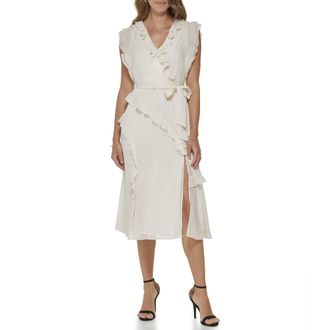 DKNY Womens Sleeveless Midi Dress with Ruffled Trim and V-Neck in Silver Lurex Striped Chiffon, Cream, 4