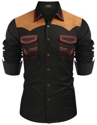Coofandy Herren Western-Cowboy-Hemd, Bestickt, langärmelig, schmale Passform, lässig, Baumwolle, Button-Down-Hippie-Shirt, mit Taschen, Schwarz, XX-Large