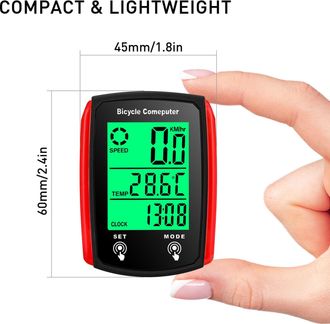 Walmeck Kabelgebundener Fahrradcomputer, Tachometer, Kilometerz&auml;hler f&uuml;r Nachtfahrten, Schwarz (Rot)