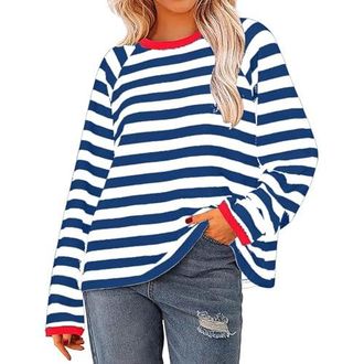 Generic Sweat-shirt ray&eacute; pour femme - Pull imprim&eacute; &agrave; rayures - Haut &agrave; manches longues et col rond - Chemises Y2k - Coupe ample - Chemisiers d&eacute;contract&eacute;s - T-s