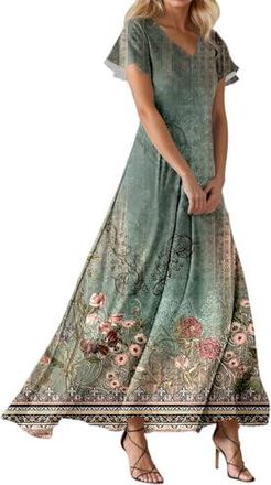 Generic Robes d&eacute;t&eacute; d&eacute;contract&eacute;es pour femmes, robe longue fendue, t-shirt ample, imprim&eacute; floral, manches courtes, avec poches, 2026, Vert, XXL