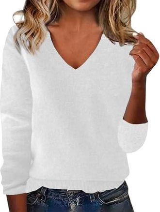 Generic Pull en tricot pour femme uni - Tricot fin - Pull dhiver chaud &agrave; manches longues - Col en V - Pull douillet - Sweatshirt d&eacute;contract&eacute; doux - Haut &eacute;l&eacute;ga