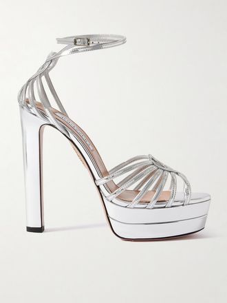 Aquazzura Sweetheart 130 Metallic Leather Platform Sandals - Silver