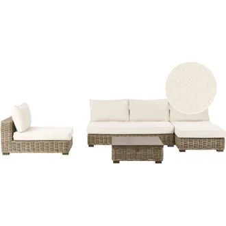 Beliani Lounge Set Grau Rattan 4-Sitzer Linksseitig mit Auflagen Cremewei&szlig; Tisch und Lounger Boho Gartenausstattung Terrasse Outdoor