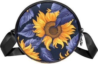 Generic Petit sac &agrave; bandouli&egrave;re rond pour femme, motif tournesol avec fermeture &eacute;clair, bretelles r&eacute;glables, style d&eacute;contract&eacute;, pour femmes et filles