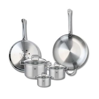 Fackelmann ELO 9509350 Batterie de cuisine 5 pièces, Ensemble de 2 Poêles de cuisson 28 et 32 cm et 3 faitouts 12, 14 et 20 cm Elo Profi Citrin, inox, induction