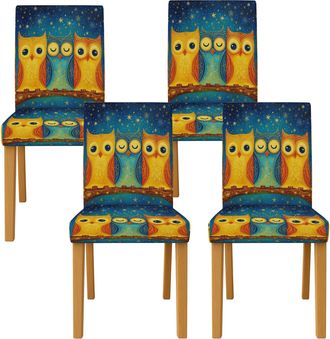 Generic Fanciful Stuhlhussen mit Eulenmuster, dehnbar und waschbar, Spandex-Sitzschoner, bunte dekorative Schonbez&uuml;ge f&uuml;r Heimdekoration, 4 St&uuml;ck