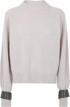 Brunello Cucinelli Femme, Pulls, Beige, Taille: 40 FR Pull &agrave; Col Montant C&ocirc;tel&eacute; avec Poignets Orn&eacute;s