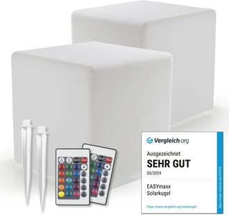Easymaxx LED Solarleuchte mit Fernbedienung | 2 kaltwei&szlig;e Leuchten - W&uuml;rfel mit Solarbetrieb & Farbwechsel | dimmbare Helligkeitsstufen, 12 Farben & 5 Leuchtmo