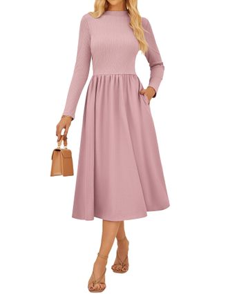 Grace Karin Winter Herbstkleider Damen A-Linien-Midikleid Tunika Freizeitkleid mit Taschen Graurosa XXL