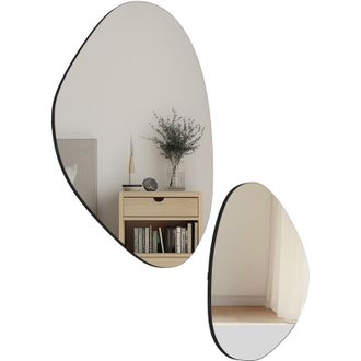 HOMCOM Lot de 2 miroirs muraux - HOMCOM - irr&eacute;guliers en forme de galet - cadre en m&eacute;tal - 70 x 46 cm/49,5 x 31 cm - noir