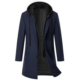 Generic Manteau Long Homme,Mens Anoraks - Manteau classique pour hommes Trench-Coat en laine m&eacute;lang&eacute;e pardessus coupe-vent business avec capuche amovible vers