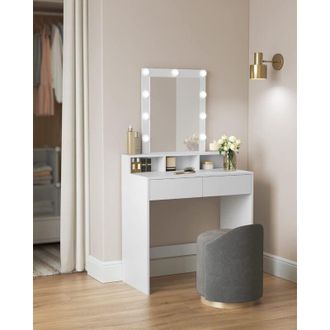 Vasagle Vasagle - Coiffeuse avec Miroir et Ampoules 80 x 40 x 132 cm - 2 tiroirs - 3 Compartiments de Rangement - Sans Tabouret - Style Moderne - Blanc
