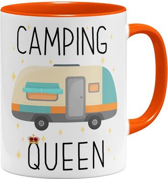 OM3 lustige Tasse mit Spruch - Camping Queen | Keramik Becher | 11oz 325ml | Beidseitig Bedruckt | Orange