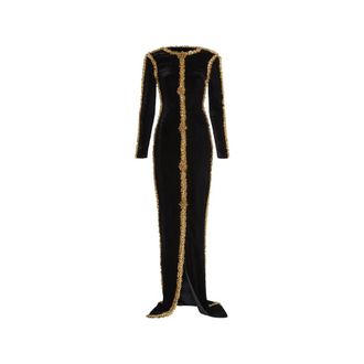 Balmain Langes Samtkleid mit besticktem Besatz - - Dresses - Damen - Schwarzk - XS