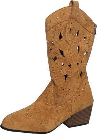 Generic Bottes de cowgirl western brod&eacute;es pour femme, mi-mollet, bout pointu, gros talons, chaussures d&eacute;contract&eacute;es vintage, jaune, 39.5 EU