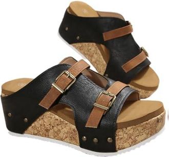 Generic Sandales compensées à plateforme découpée, sandales dété confortables pour femmes, chaussures compensées en liège pour femmes (Black,41)