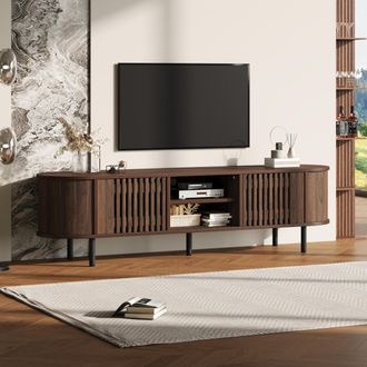 Generic QXJVA TV-Schrank Walnuss 160 cm Lowboard f&uuml;r Fernseher bis 65 Zoll mit Lamellen Design & Abgerundeten Ecken TV-Board 2 T&uuml;ren & Offene F&auml;cher Fernsehsc