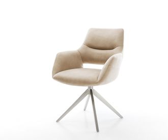 DELIFE Drehstuhl Yago-Flex mit Armlehnen Mikrofaser Beige Vintage Kreuzgestell breit Edelstahl 360&deg; drehbar Wippfunktion Taschenfederkern, Esszimmerst&uuml;hle
