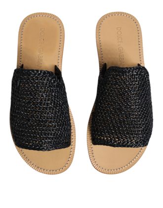 Dolce & Gabbana Mens Black Monochrome Braided Raffia Slides Shoes Viscose