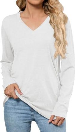 Generic Tee Shirt Femme Col V- Tee Shirt Manche Longue Sexy Décontracté Confortable Coupe Ample Couleur Unie Pullover De Tous Les Jours Passe-Partout Streetwe