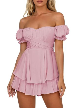 Pink Queen Damen Boho Kleid Strampler Sommer Kurz Schulterfreier Jumpsuit Off Shoulder R&uuml;schen Chiffon Playsuit Rosa XL